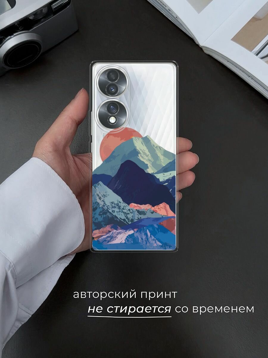 Чехол на Honor 70 / Хонор 70 с принтом "Закат в снежных горах", прозрачный — фото 1