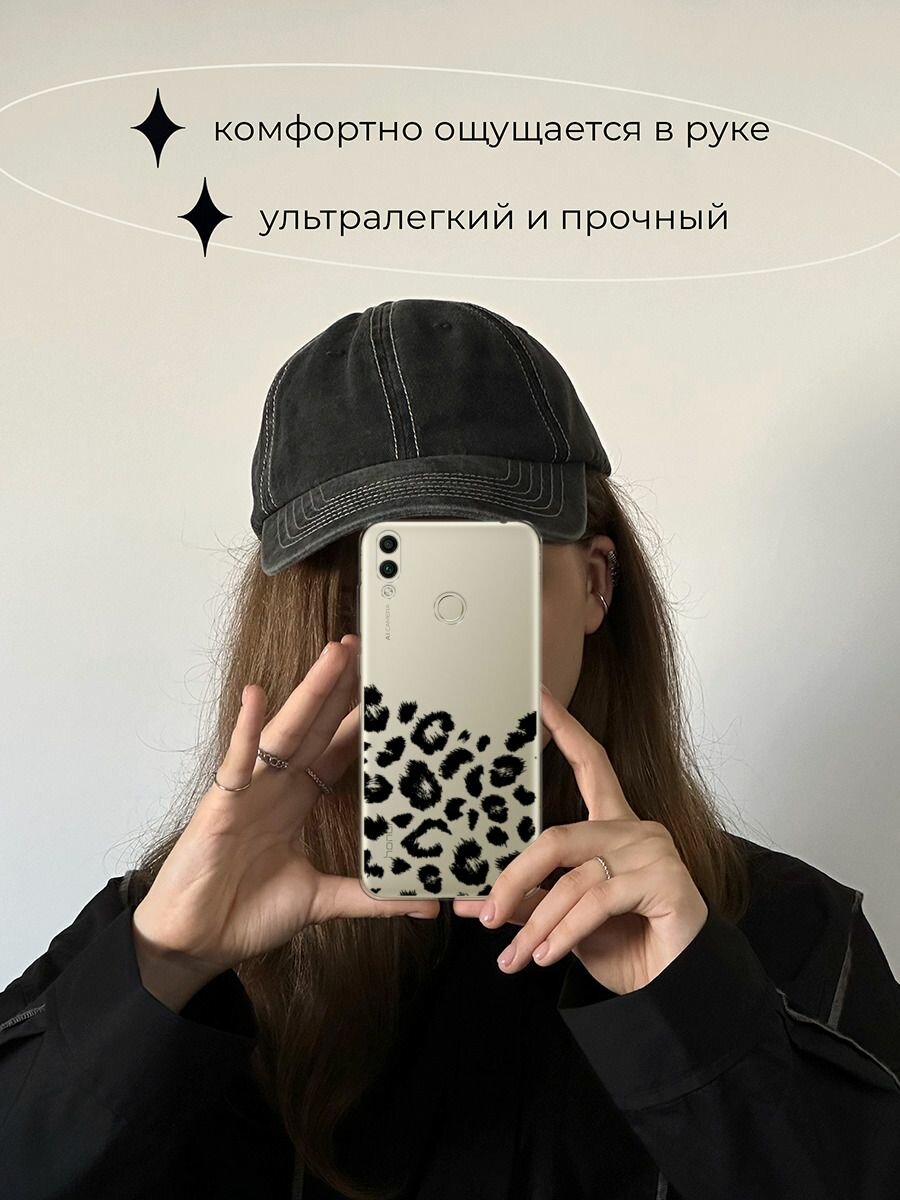 Чехол на Honor 8C / Хонор 8С с принтом "Окрас леопарда фон черный", прозрачный — фото 1