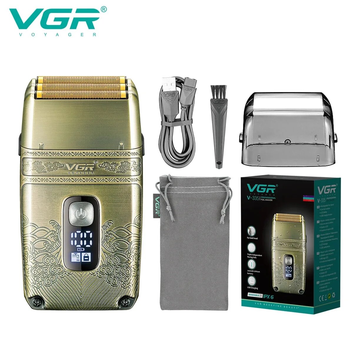 Электрическая бритва VGR V-335, LED-дисплей, 3 бреющие сетки, античное золото