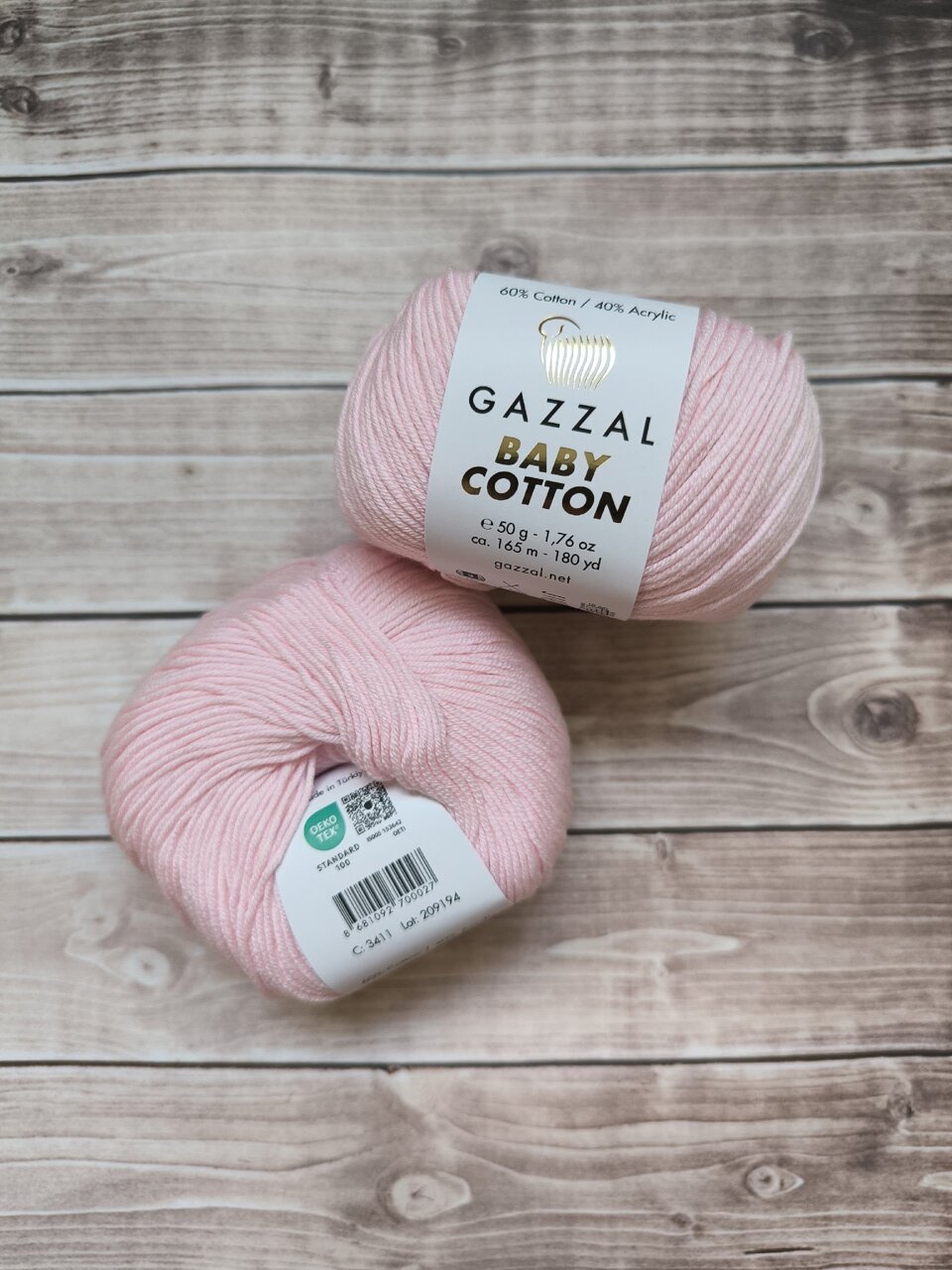 Пряжа Gazzal baby cotton, цвет 3411 нежно розовый, набор 2 мотка, вес мотка 50 гр, длина нити 165 м (Газзал беби катон)