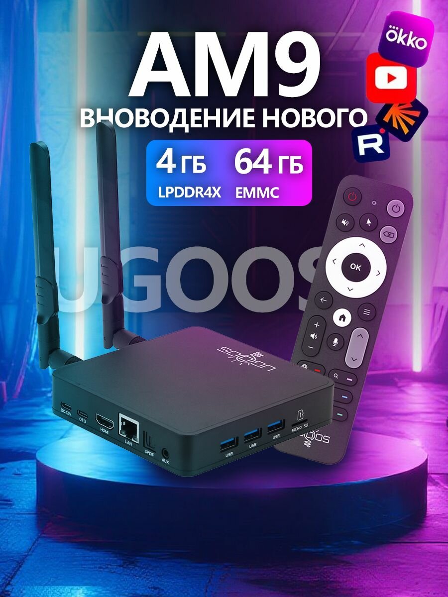 Ugoos AM9 Android 14 Потоковой мультимедийный проигрыватель WiFi 6 гигабайт ТВ коробка система караоке WiFi