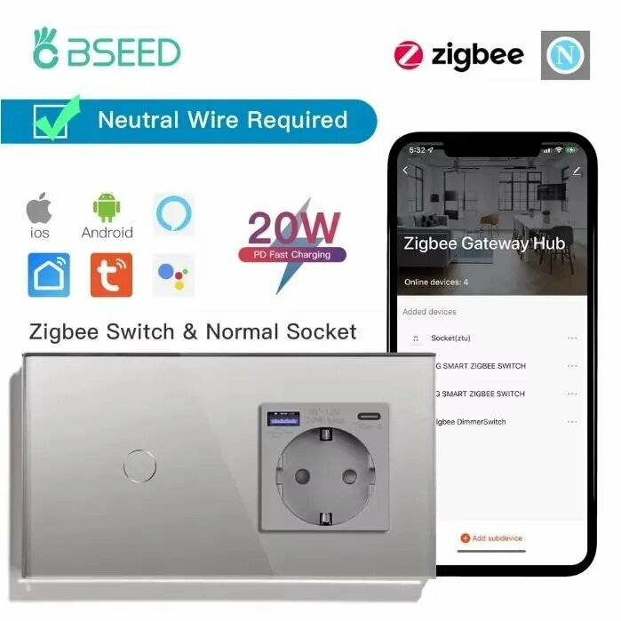 Сенсорный выключатель Zigbee с розеткой с USB и type-C,1/2/3 клавиши 1 розетка, быстрая зарядка 20W, панель стекло