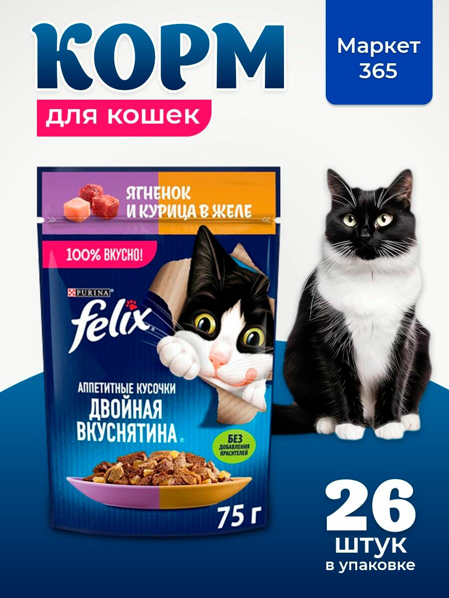 Влажный корм для кошек Felix Аппетитные кусочки, ягненок и курица в желе, 75 г x 26 шт