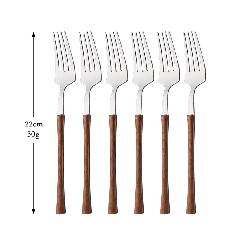 Набор столовых приборов из нержавеющей стали с деревянными ручками Коричневый, 6Pcs Dinner Fork