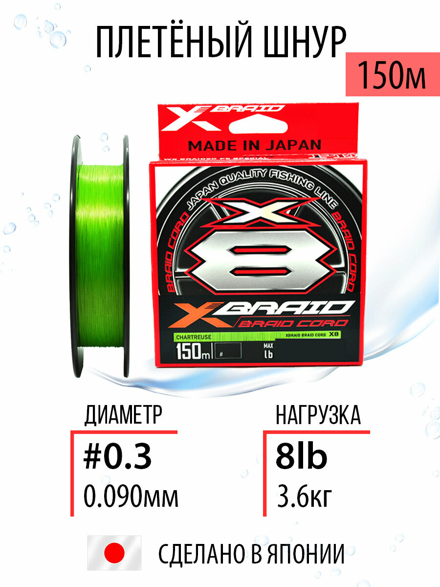Плетёный шнур YGK X-Braid Braid Cord X8 150m #0.3/8lb зеленый