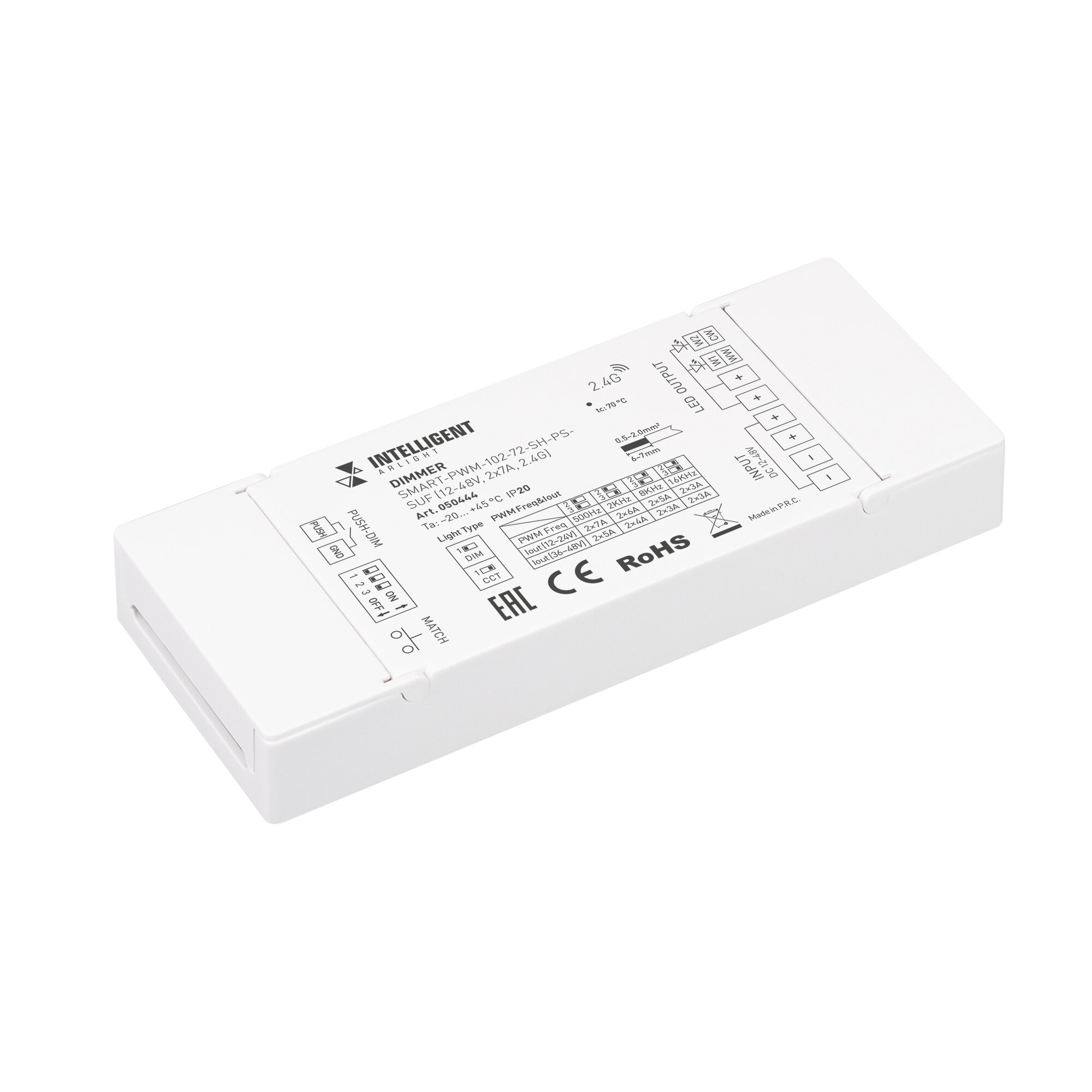 Диммер Arlight INTELLIGENT ARLIGHT Диммер SMART-PWM-102-72-SH-PS-SUF (12-48V, 2x7A, 2.4G) (IARL, IP20 Пластик, 5 лет)
