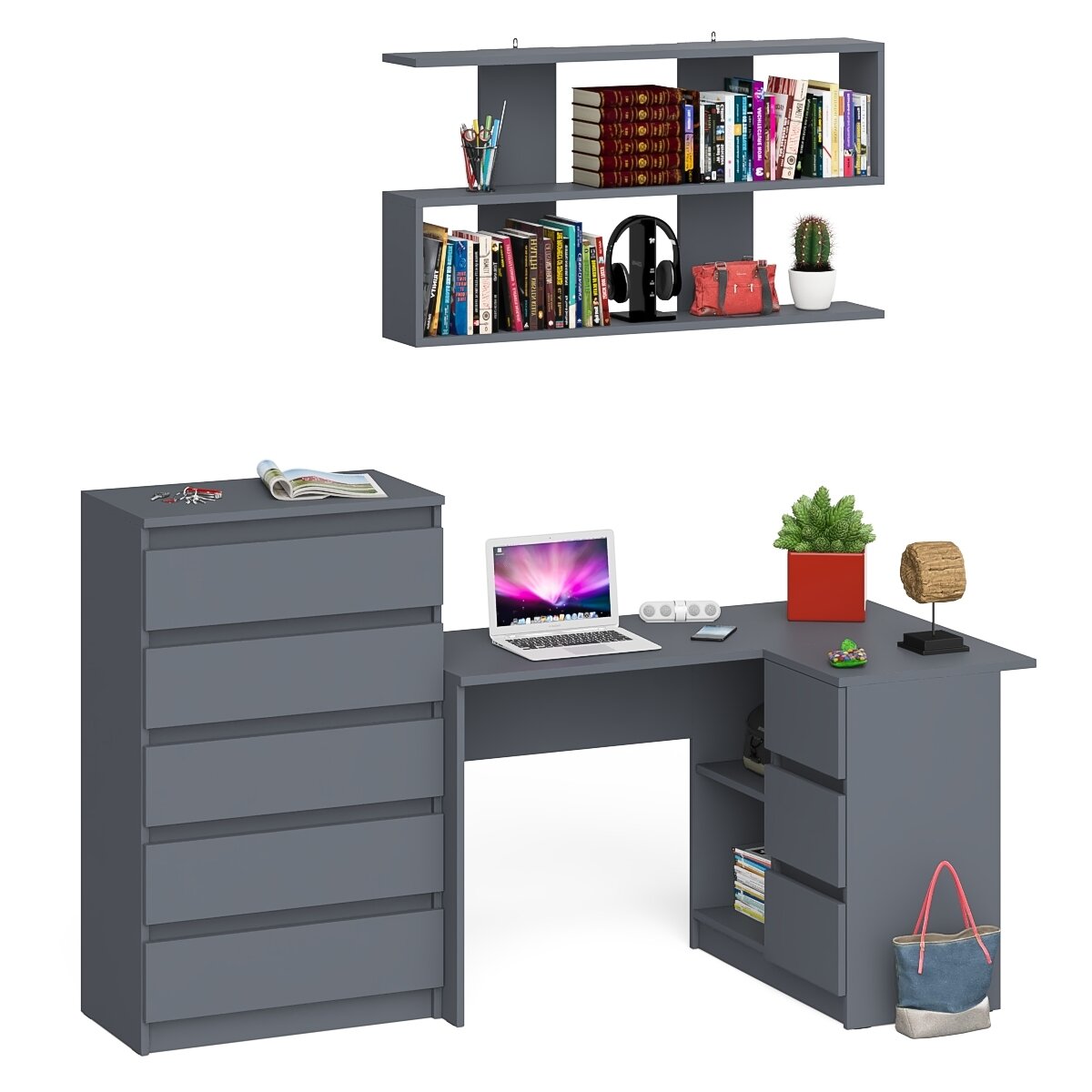 Комод Мори МК700.5 со столом компьютерным угловым правым и открытой полкой, графит, 194,8х84,9х209,6 см.