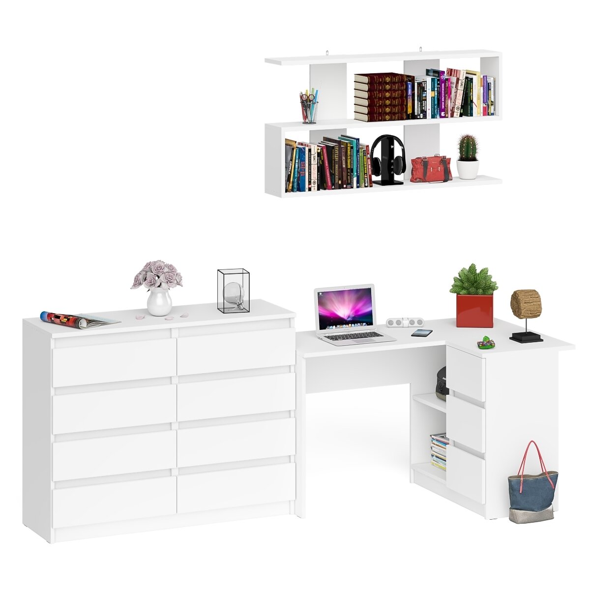 Стол компьютерный угловой с ящиками Мори МС-16 правый с навесной полкой и комодом, белый, 244,8х84,9х209,6 см.