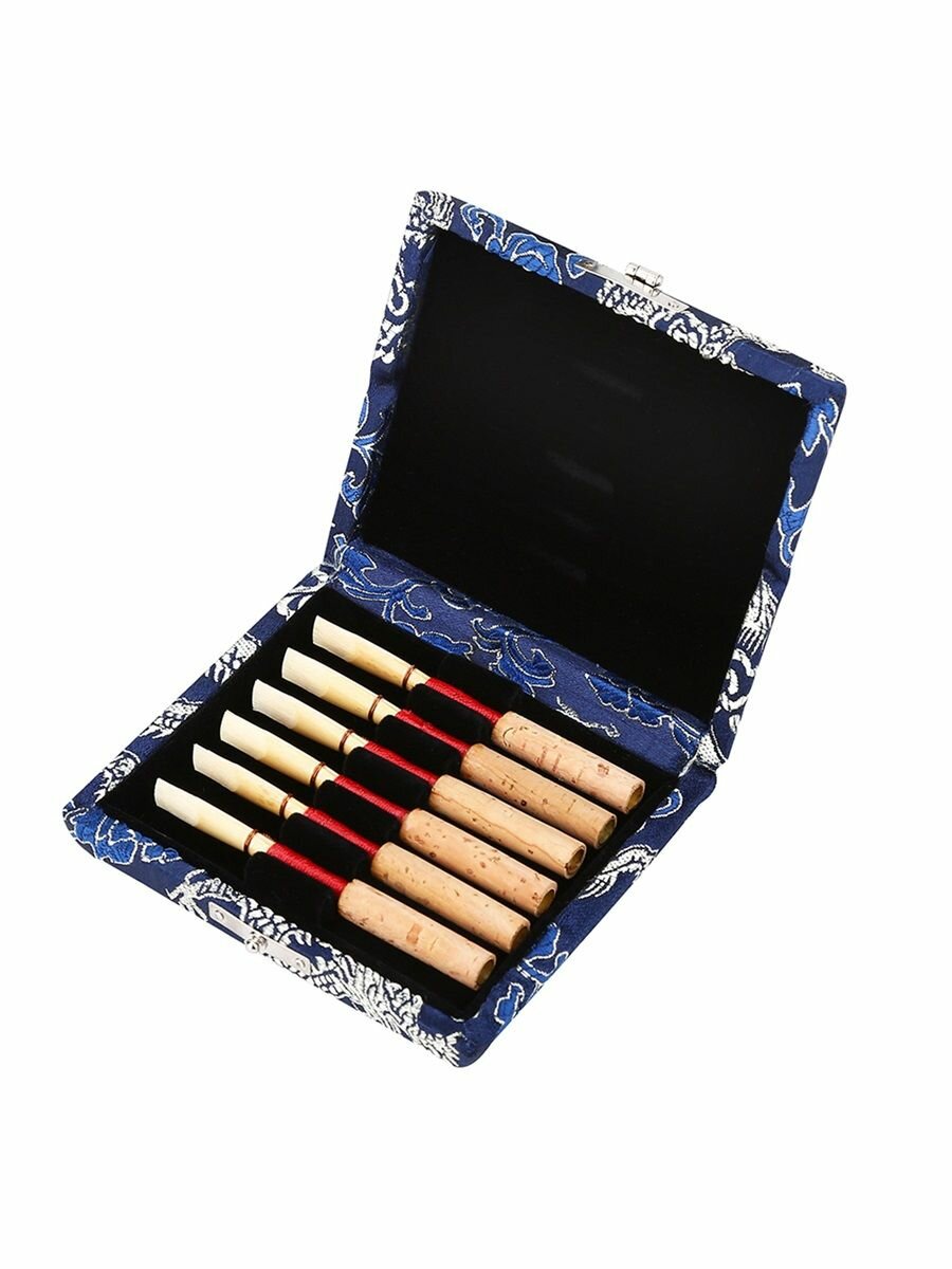 Ящик для хранения футляра для тростей для гобоя, деревянный чехол из 6 предметов с синей шелковой тканью, защитный футляр для тростей для гобоя, аксессуары для деревянных духовых инструментов