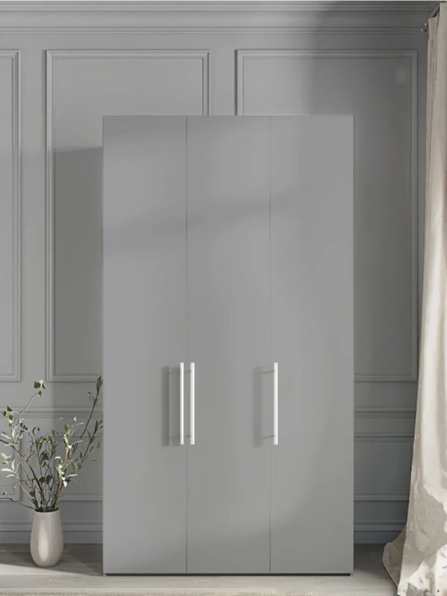 Casa Mia 90х270х50 см. Шкаф для одежды 3-дверный с полками и 2 штангами, серый, ручка рейлинг 320 мм