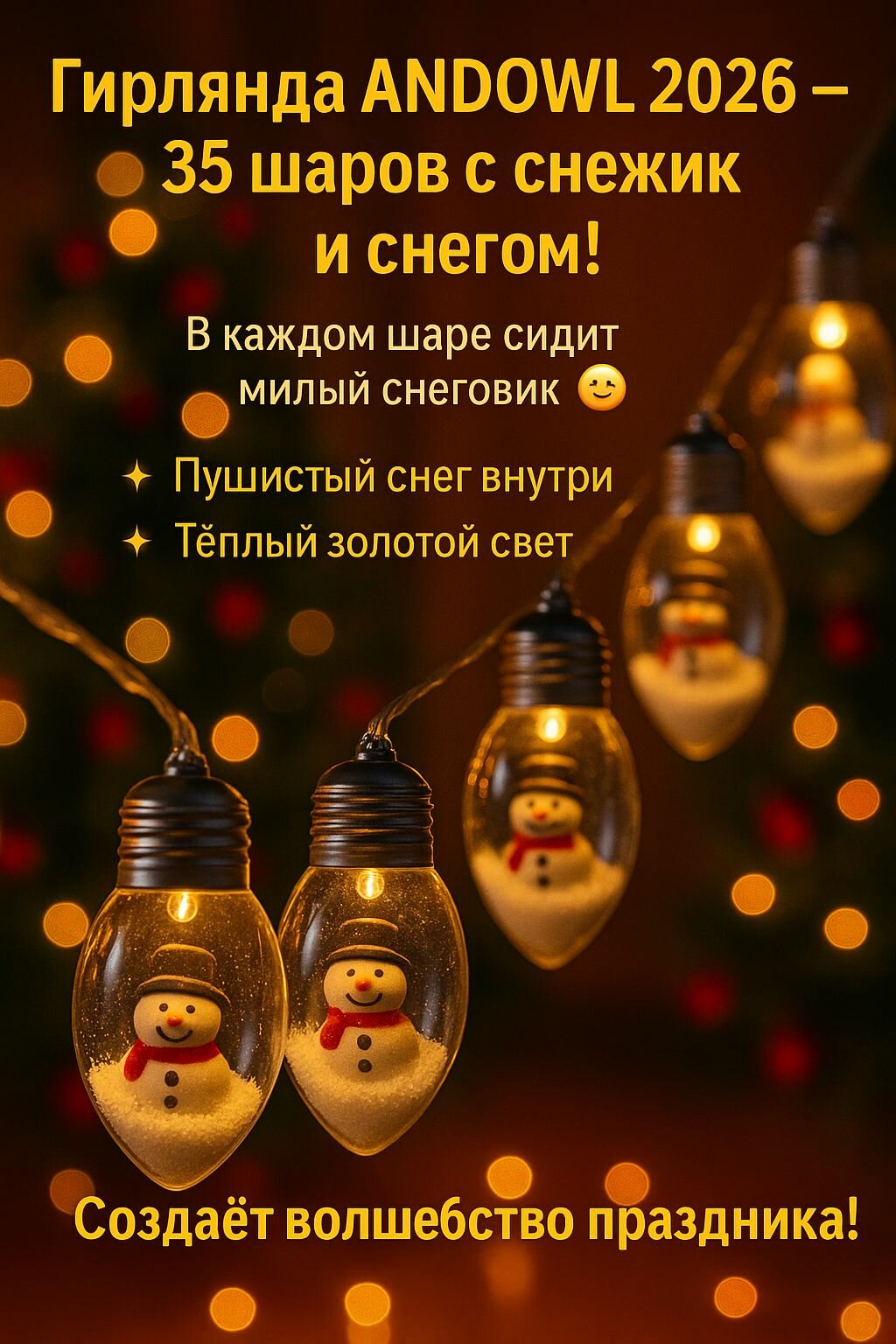 Гирлянда праздничная со снегом, мини-игрушки, батарейки в комплекте