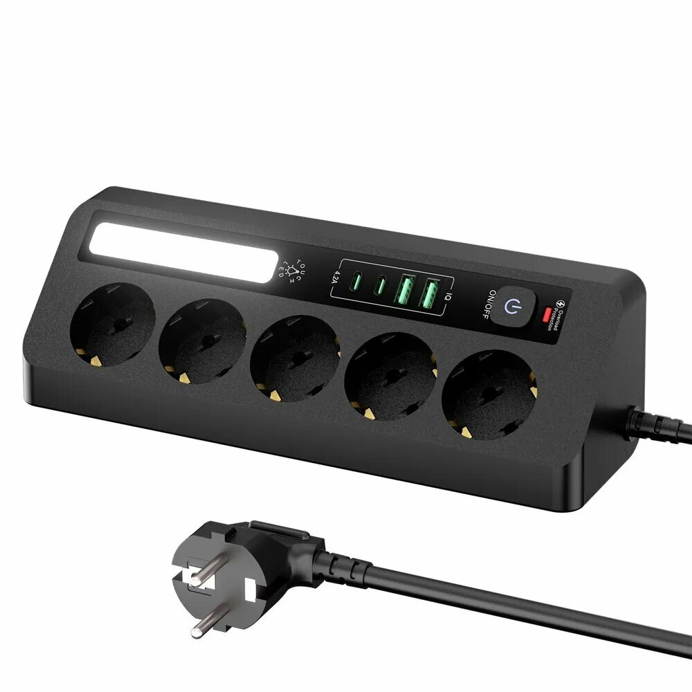 Сетевой фильтр настольный, 5 розетки + 2 USB и 2 TYPE-C, кабель 1.8м, с ночником