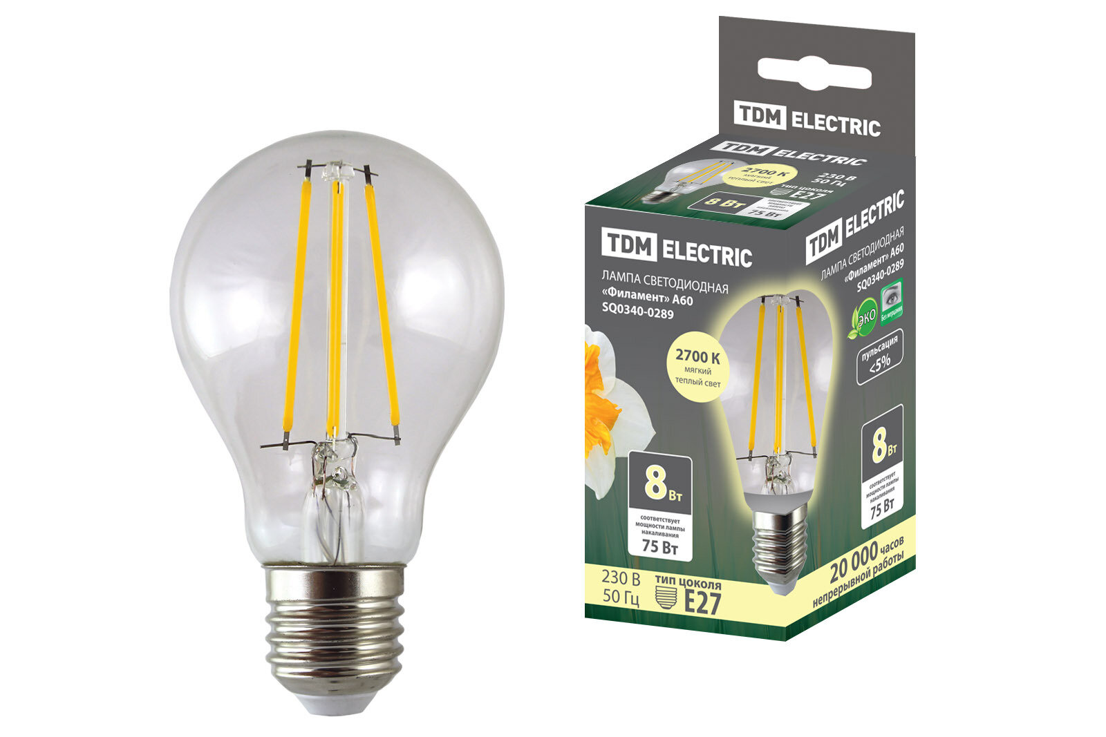 Лампочка LED Филамент А60 8W 230B 2700К E27 TDM SQ0340-0289, 10 лампочек