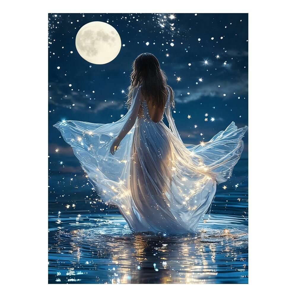 Алмазная мозаика большая картина "Пляжный лунный свет" 50х40 см со светящимся в темноте стразами и 5Д элементами