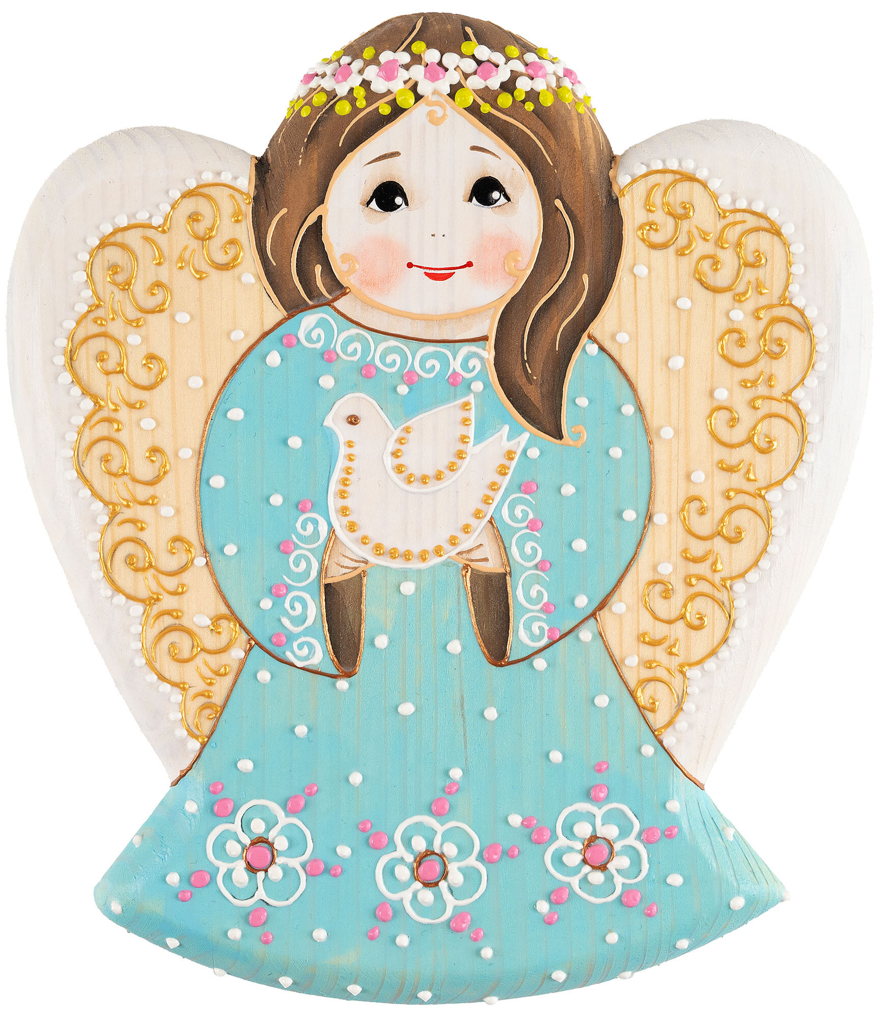 Подвеска деревянная ручной работы Ангел с большими крыльями в бирюзовом платье с голубем (693101)