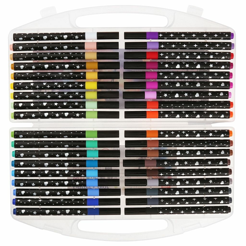 Маркеры для рисования КНР "Metallic Glitter" на водной основе, с блестками, мягкий наконечник - кисточка, круглая форма, тонкий, набор 36 шт, в пластмассовом кейсе с ручкой 27,7х14,5х2,5 см (3301-36)