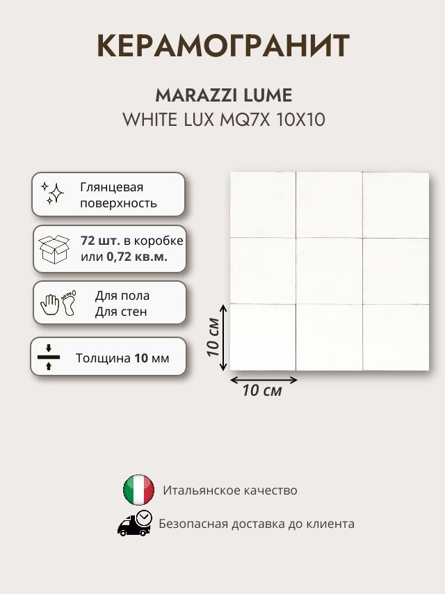Керамогранит MARAZZI LUME MQ7X White Lux, 10x10 см, синий глянцевый