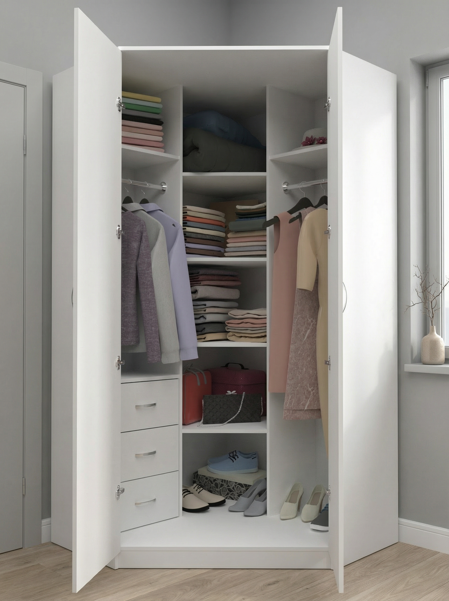 Шкаф угловой распашной Анри-5 с 3 ящиками, 7 полками и 2 штангами для вешалок, белый