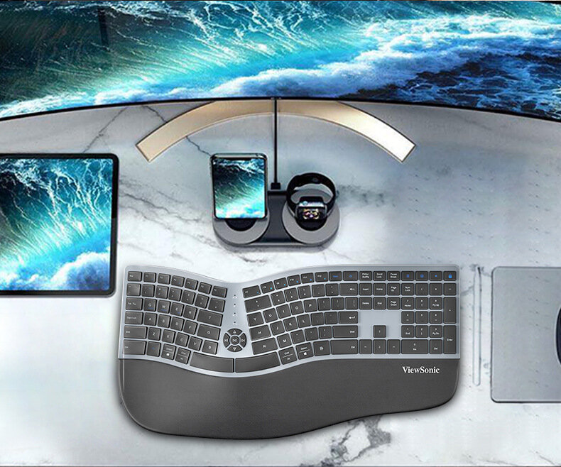 ViewSonic беспроводная клавиатура с Bluetooth, перезаряжаемая, двухрежимная, эргономичная мультимедийная клавиатура