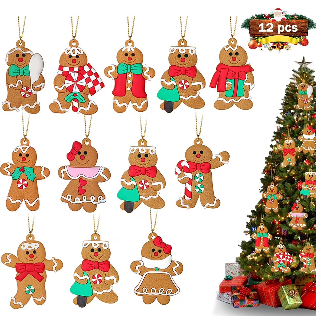 12 PCSHanging Decor PVC Material Xmas Tree Pendant Ornaments for Door Window Holiday Party Decoration