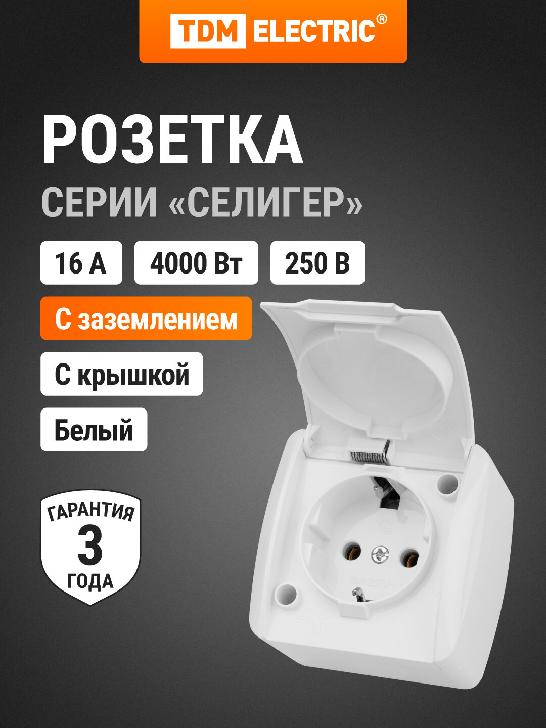 Розетка 2П+З открытой установки IP54 16А с крышкой белая "Селигер" TDM