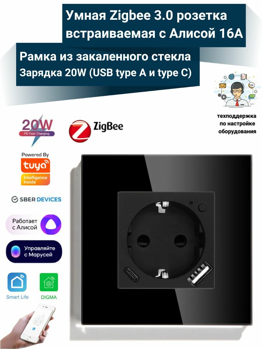 Умная розетка встраиваемая с Алисой 16А Tuya Zigbee 3.0 с (USB type A и type C) быстрая USB зарядка 20W
