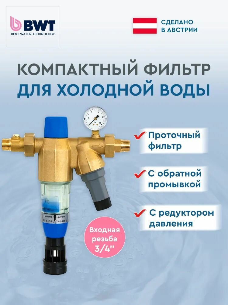 Фильтр для воды с обратной промывкой BWT Diago HWS A 3/4 проточный с редуктором давления