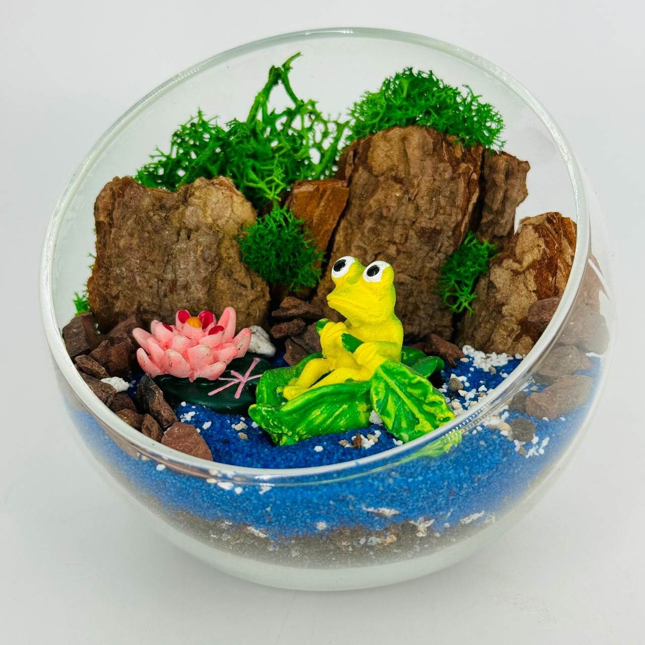 Интерьерный декоративный мини флорариум "Лягушка и лотос на пруду"