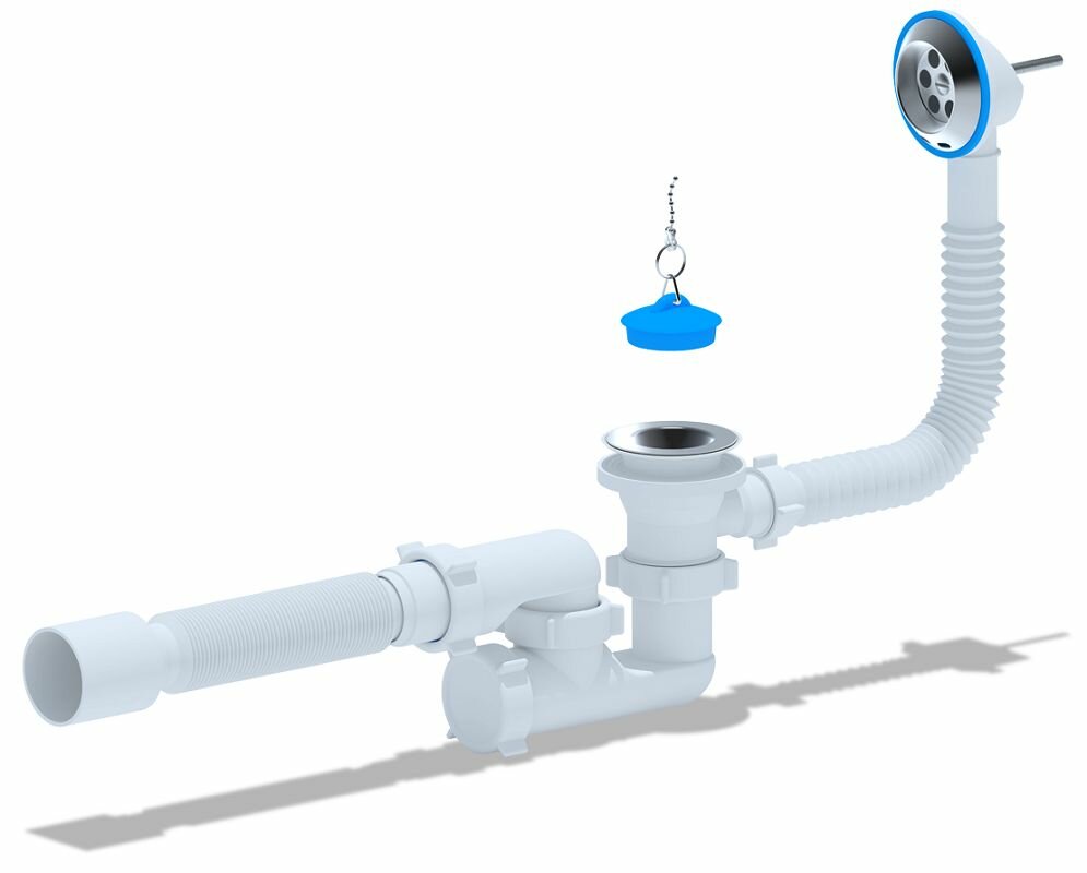 Сифон для ванны 1"1/2 х 40 с выпуском и переливом плоский с гибкой трубой 40х50, ревизия, АНИ пласт