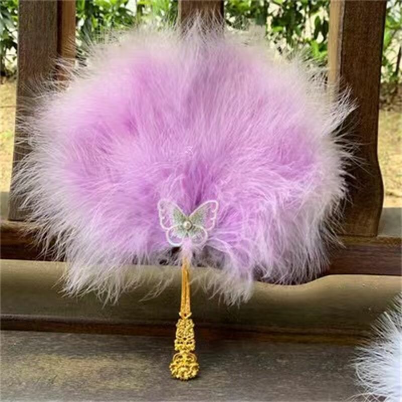 Веер из перьев в древнем стиле, аксессуар для ханфу, сценический веер для танцев, детский веер, креативный круглый веер для фотографии, ручной веер