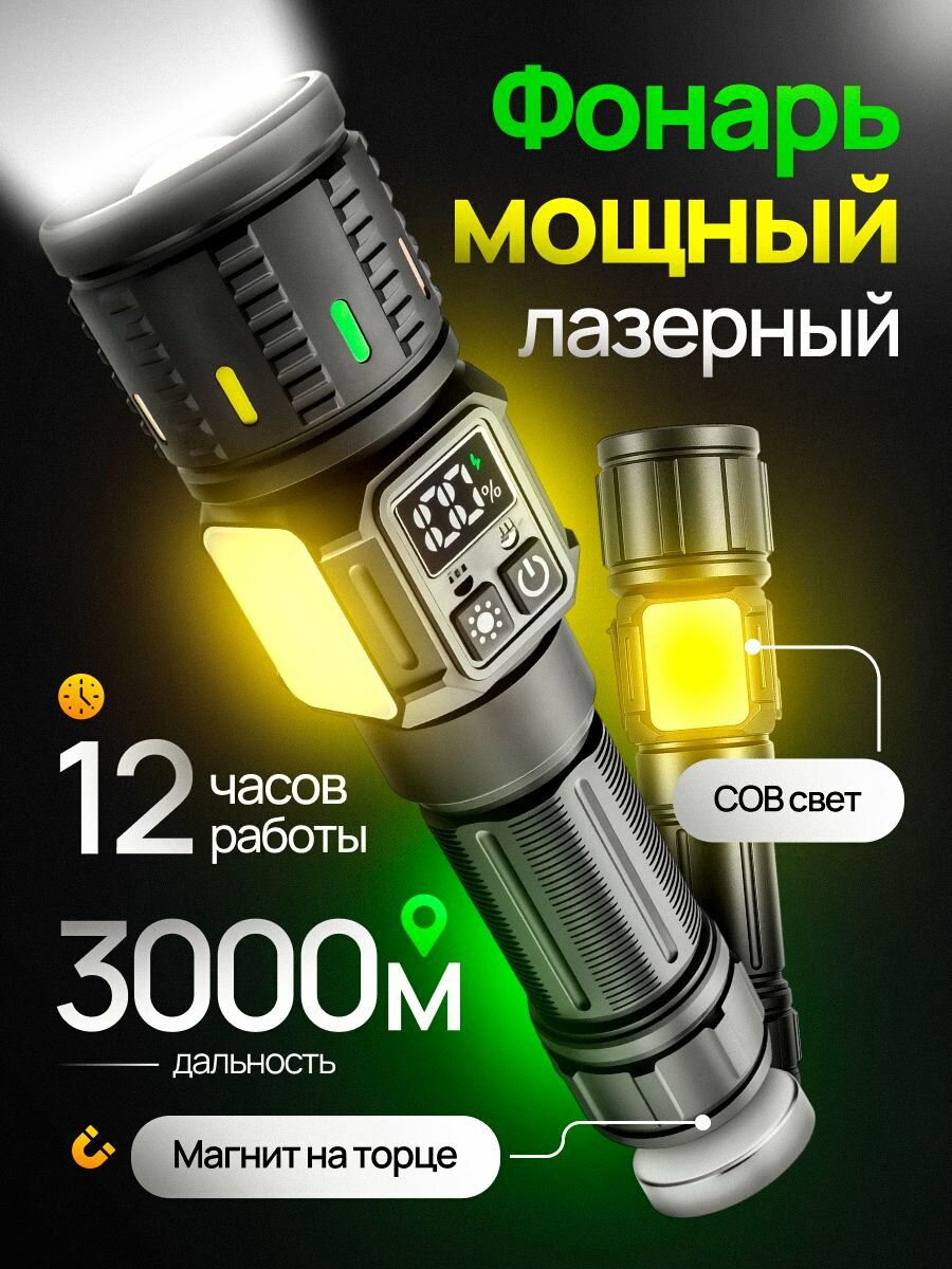 Фонарь аккумуляторный ручной мощный, фонарик лазерный тактический с магнитом