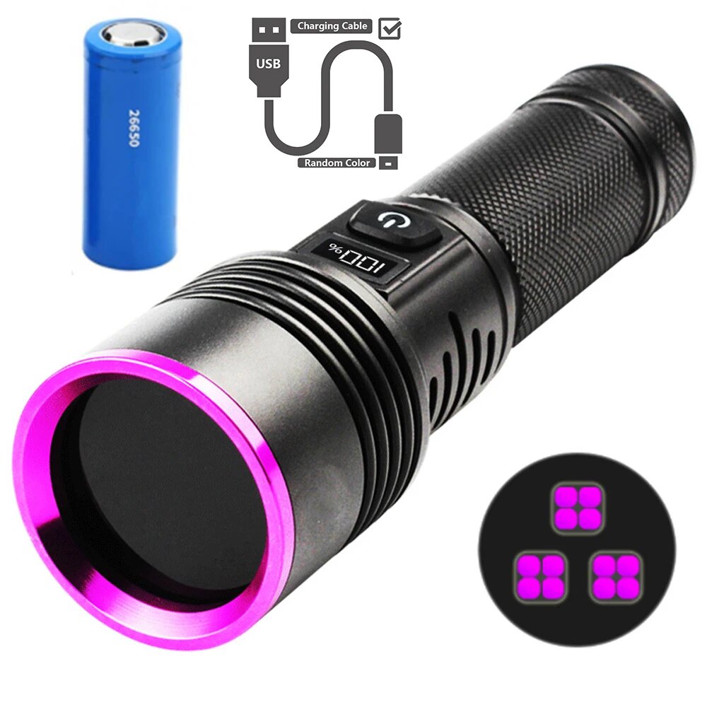 Мощный УФ-фонарик 365 нм, высокая мощность, черное зеркало, фиолетовый свет, фонарик для обнаружения, Type-C, USB перезаряжаемая светодиодная ультрафиолетовая лампа