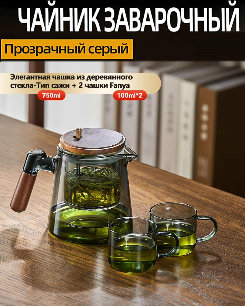 Чайник Гунфу, заварочный, магнитный, 750мл, +2 чашки фаньи прозрачный/серый