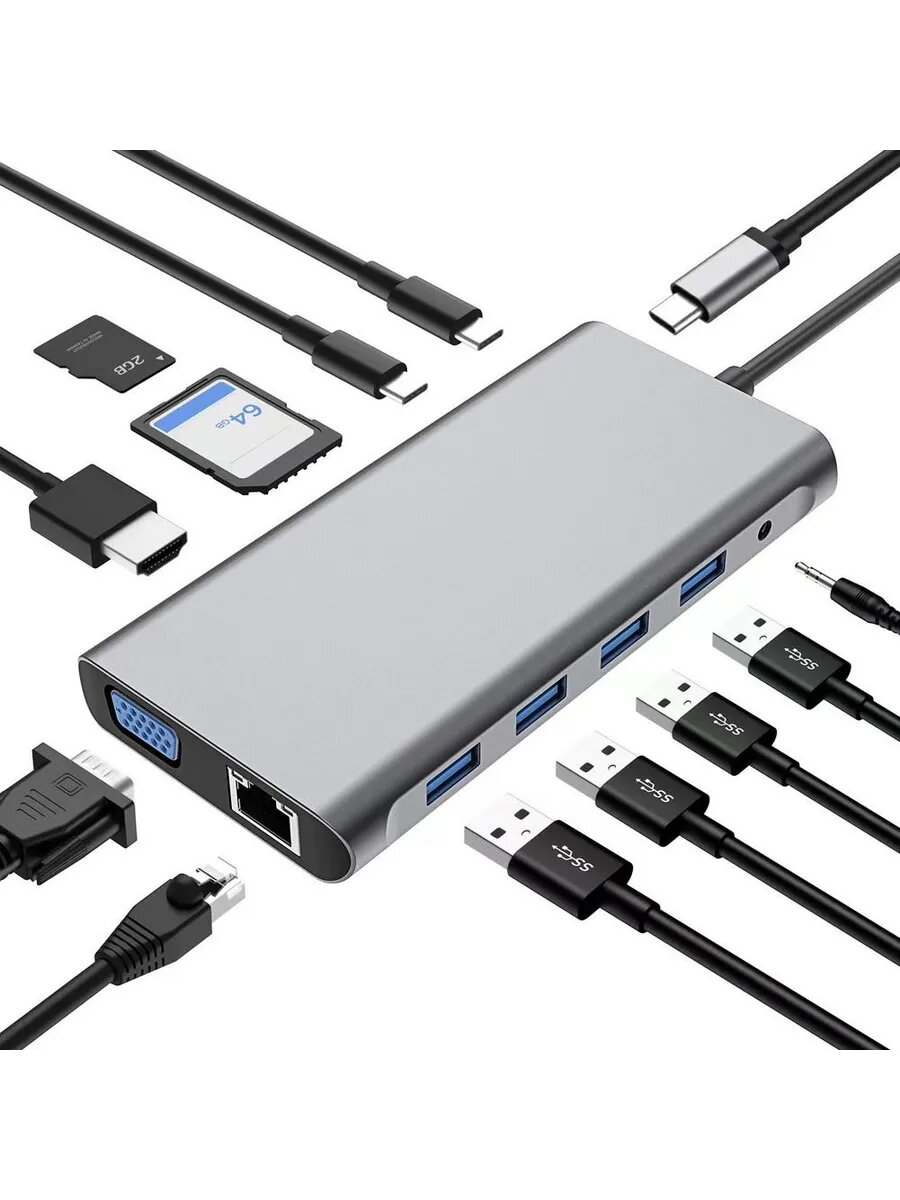 12-в-1 переходник USB-C для ноутбука с HDMI, VGA, PD 100W
