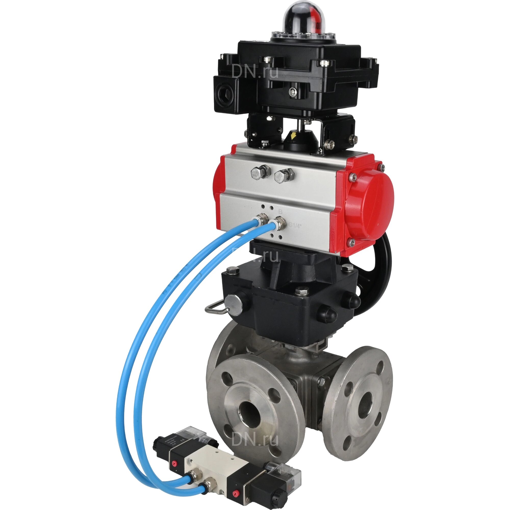Кран шаровой DN.ru 316-316-PTFE Ду65 Ру16 полнопроходной, тип L, фланцевый, корпус нержавеющая сталь SS316, ISO-фланец F07/F10, квадрат 17х17, с пневмоприводом DA-083, пневмораспределителем S2EM T10-220VAC 220В, БКВ LSB-410-02Ex и ручным дублером HDM-2