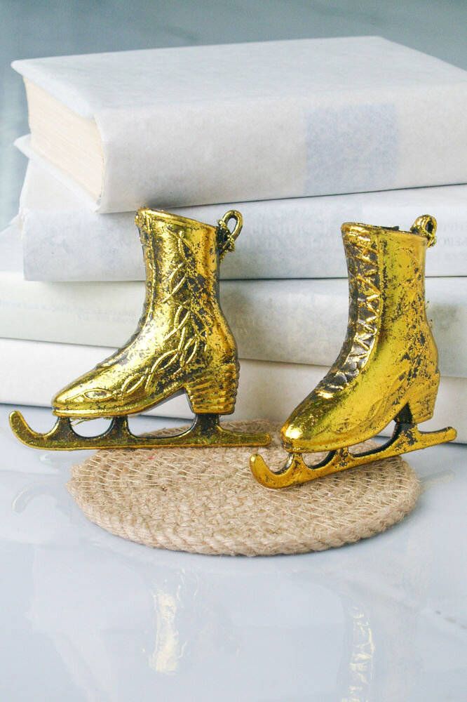 Набор ёлочных игрушек блестящие коньки, пластик, золотые, 8 см, 2 шт, Kaemingk 516377