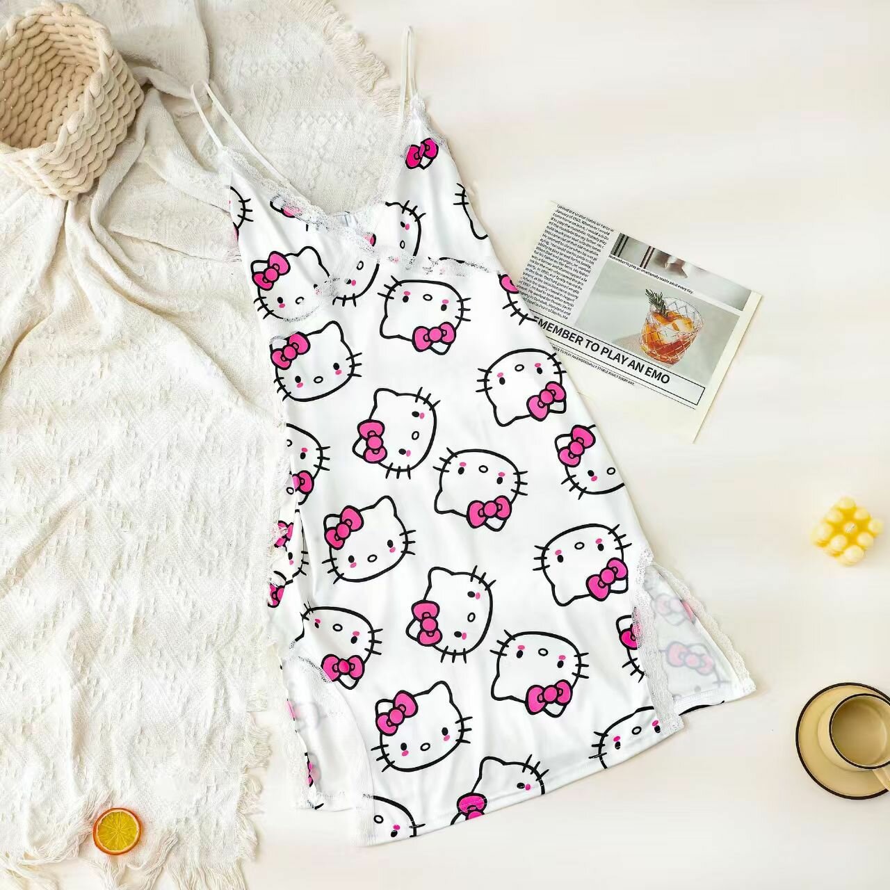 Новая кружевная ночная рубашка с рисунком Hello Kitty от Sanrio, легкая домашняя одежда