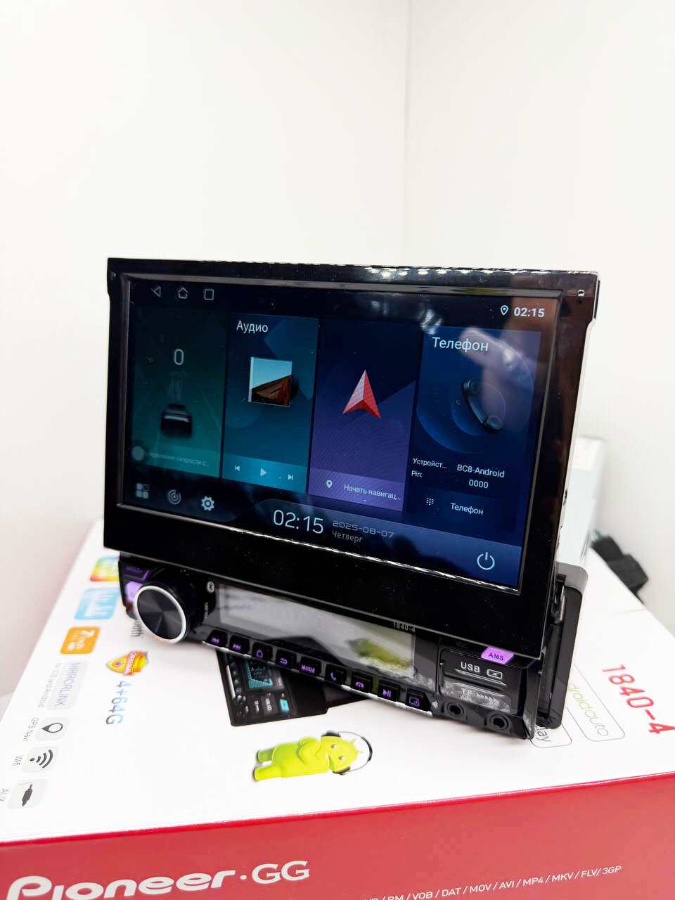 Автомагнитола 1 дин с выдвижным экраном Андроид 4+64Гб (CarPlay, GPS, Wi-Fi, Bluetooth, AUX, USB)
