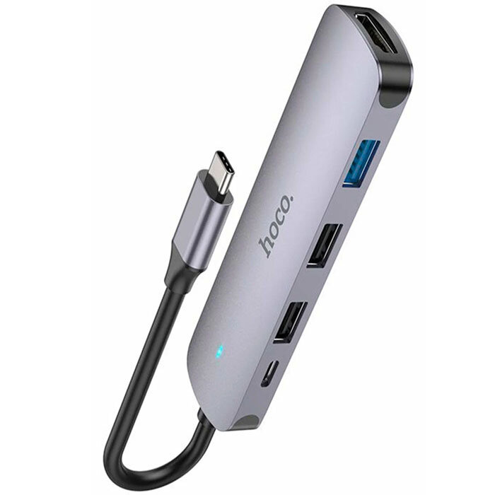 Разветвитель USB-C Hoco HB27 Metal Gray OTG хаб - концентратор 1 порт USB-C, 2 порта USB, 1 HDTV - 0.1м металлик