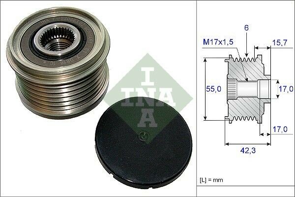 Шкив генератора INA 535015410 NISSAN Juke/Note, RENAULT Laguna III/Latitude/Megane II/III 1.5DCI 05->