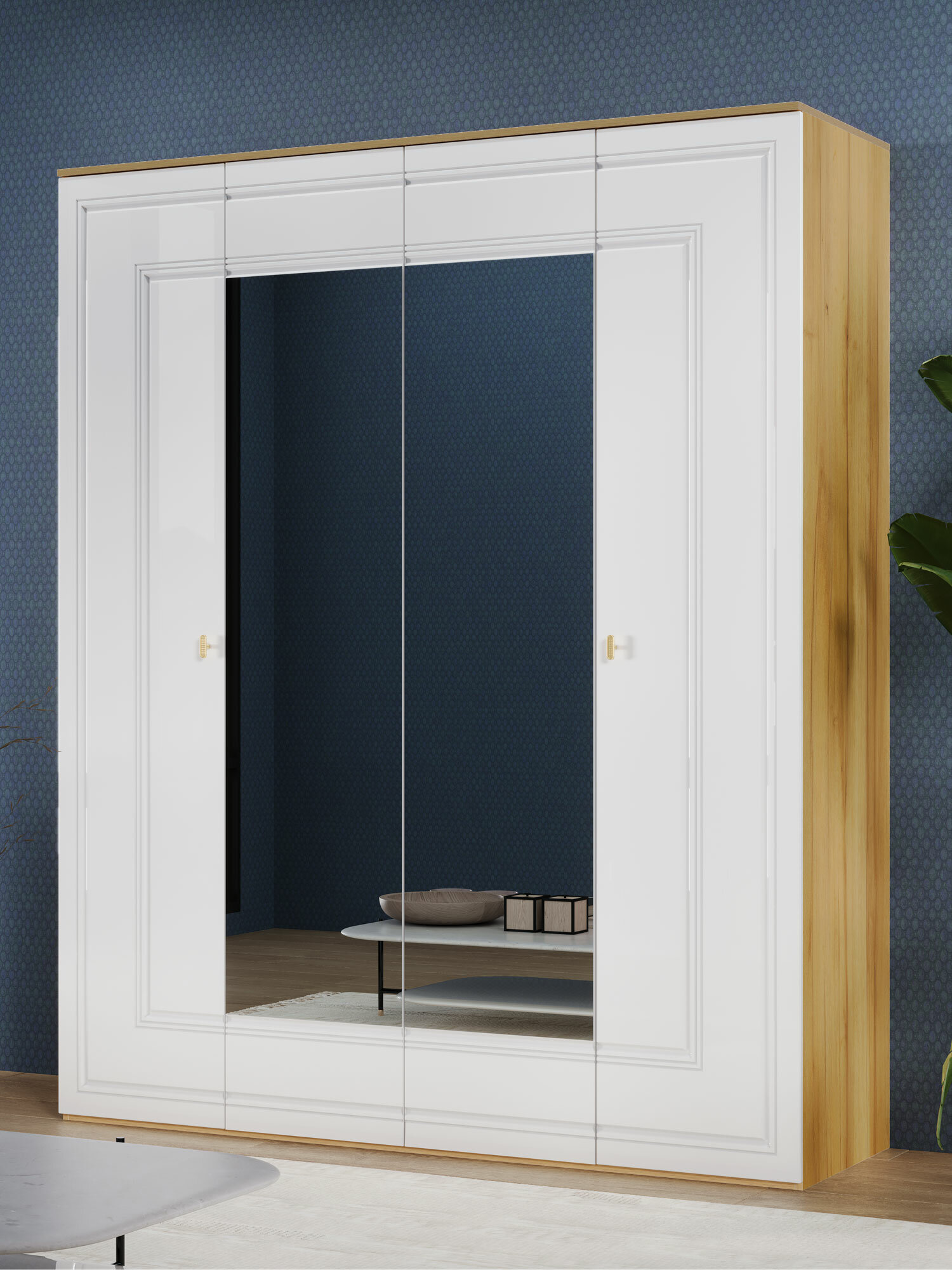 Распашной шкаф для одежды и хранения вещей Вега Сапфир с полками, со штангой, с зеркалом 179.8х57.4х221.6 см, Дуб золотистый / Белый глянец
