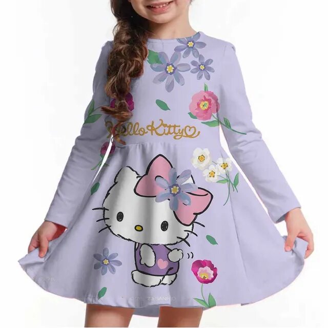 Платье с длинными рукавами и принтом Hello Kitty для девочек, идеально подходит для повседневной носки в праздничные дни, вечеринок или в качестве подарка.