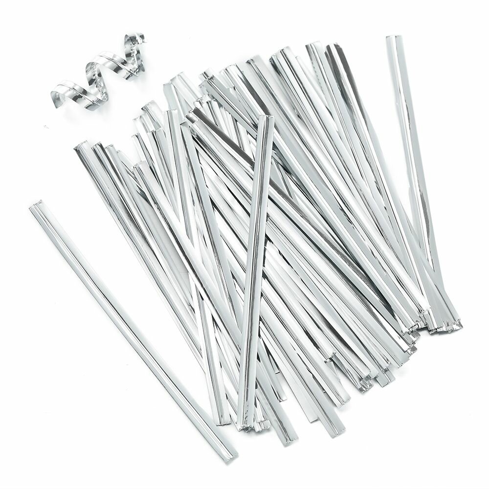 Декоративная проволока для подарочных пакетов 10 см серебро металлизированная / Твист-лента фиксатор для пакетов 1 упак 750шт