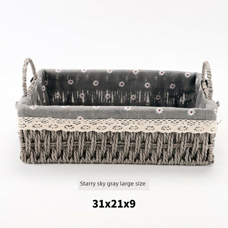 Серая квадратная большая двухручная ковричная корзина из бумажной верёвки с подкладкой для косметики, помады и закусок