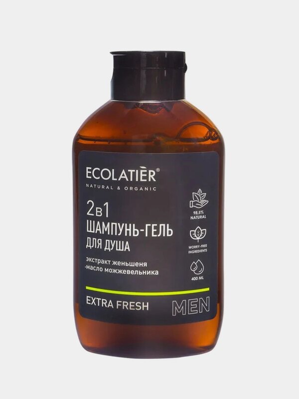 Мужской шампунь и гель для душа 2 в 1 ECOLATIER Extra Fresh, 400 мл