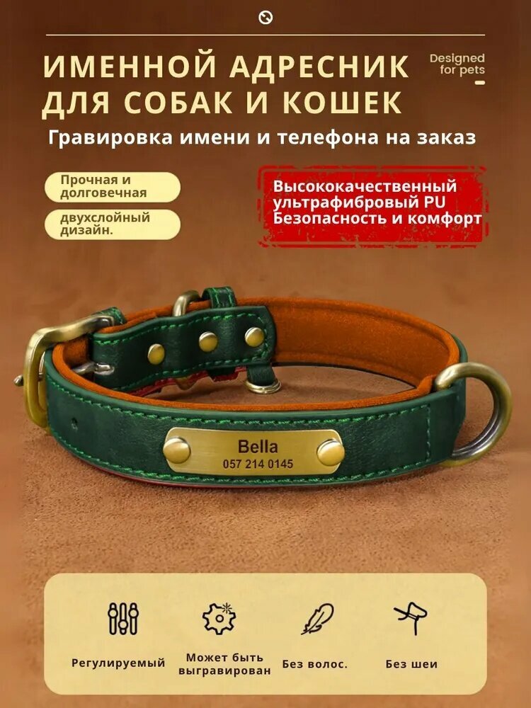 Именной ошейник для собак И кошек Зелёный M