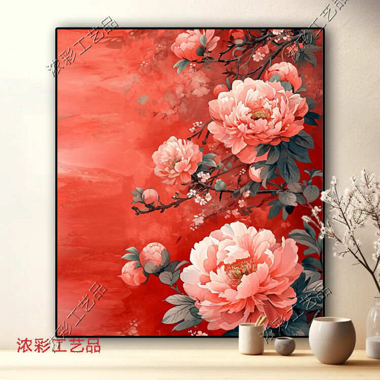 Цифровая масляная живопись с цветком пиона под красной стеной, DIY ручная роспись акрилом, декор для гостиной, входная подвесная картина