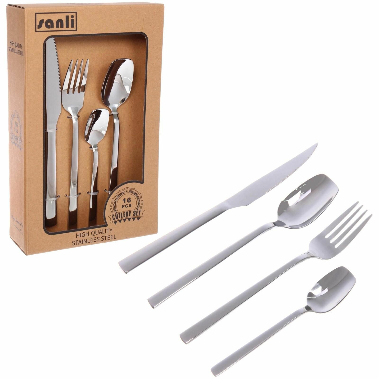 Набор столовых приборов КНР 16 шт 4 ножа, 4 вилки, 4 столовые ложки, 4 чайные ложки, цвет серебро, прямой