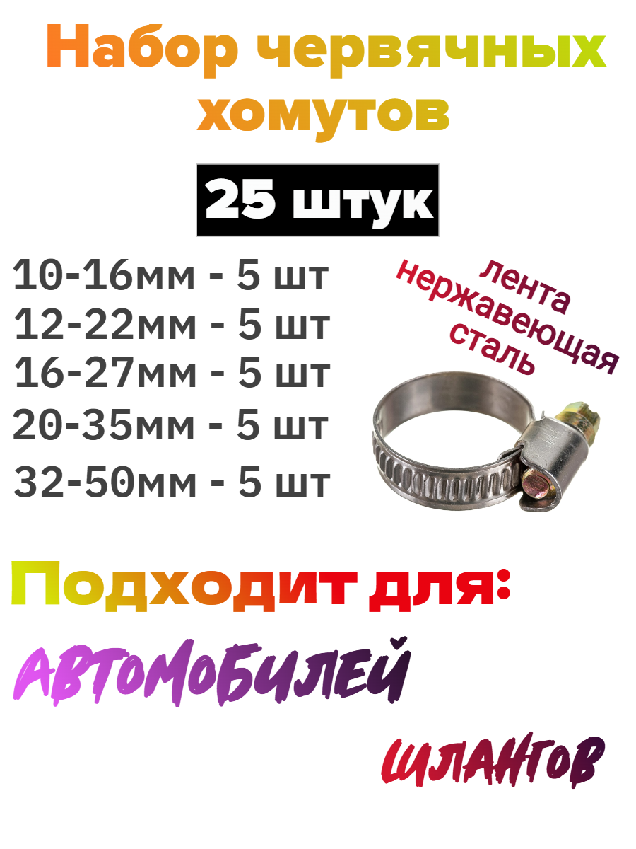 Набор червячных хомутов ДонСтрой Крепеж, нержавеющая сталь, от 10 до 50мм, по 5шт