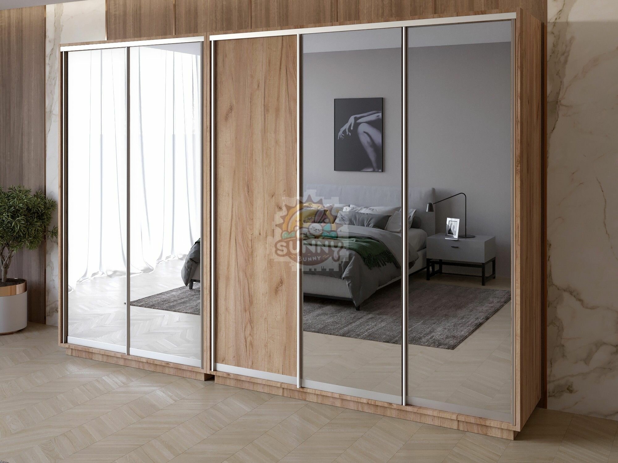 Шкаф-купе Вилли 5-ти дверный модульный (2+3) ЛДСП-1/Зеркало-4, профиль серебро, 300х45х220 см. Дуб Крафт табачный